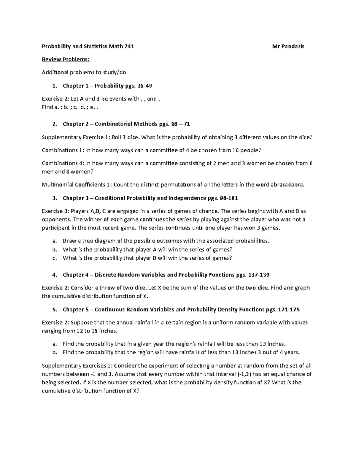 Math 241 Review Problems for Final - Probability and Statistics Math ...