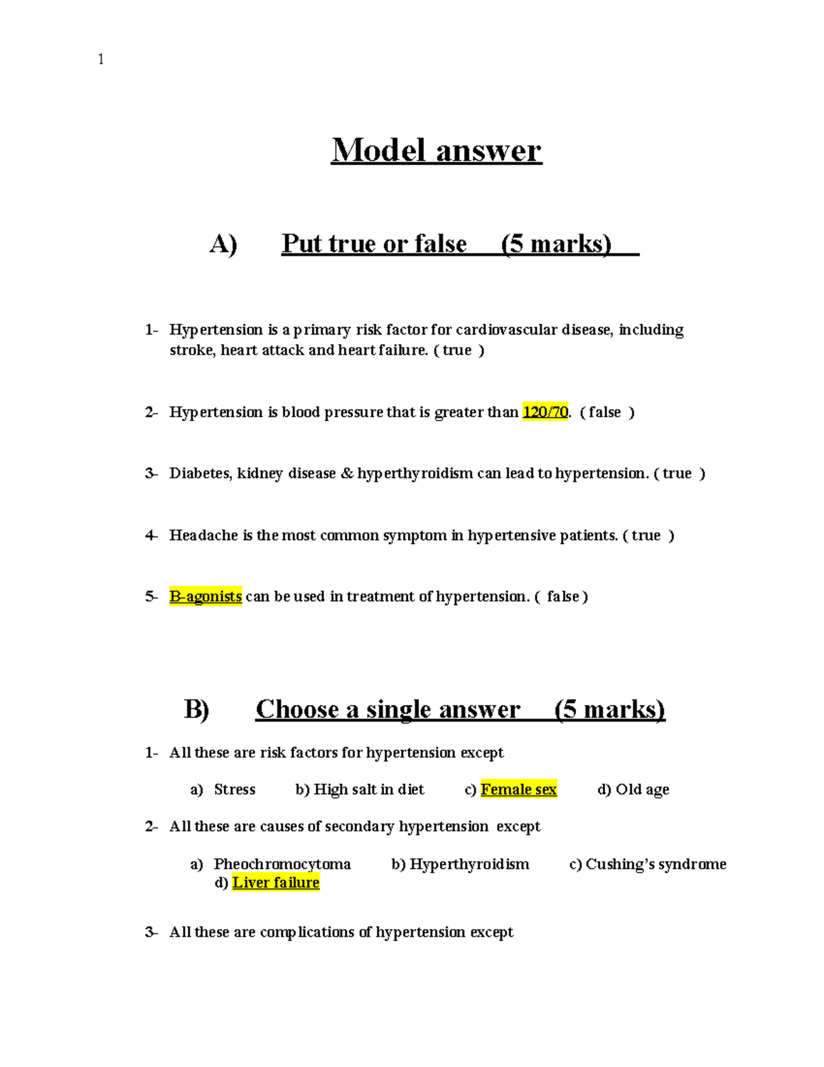Model Answer (Quiz 4) - quiz - 1 Model answer A) Put true or false (5 ...