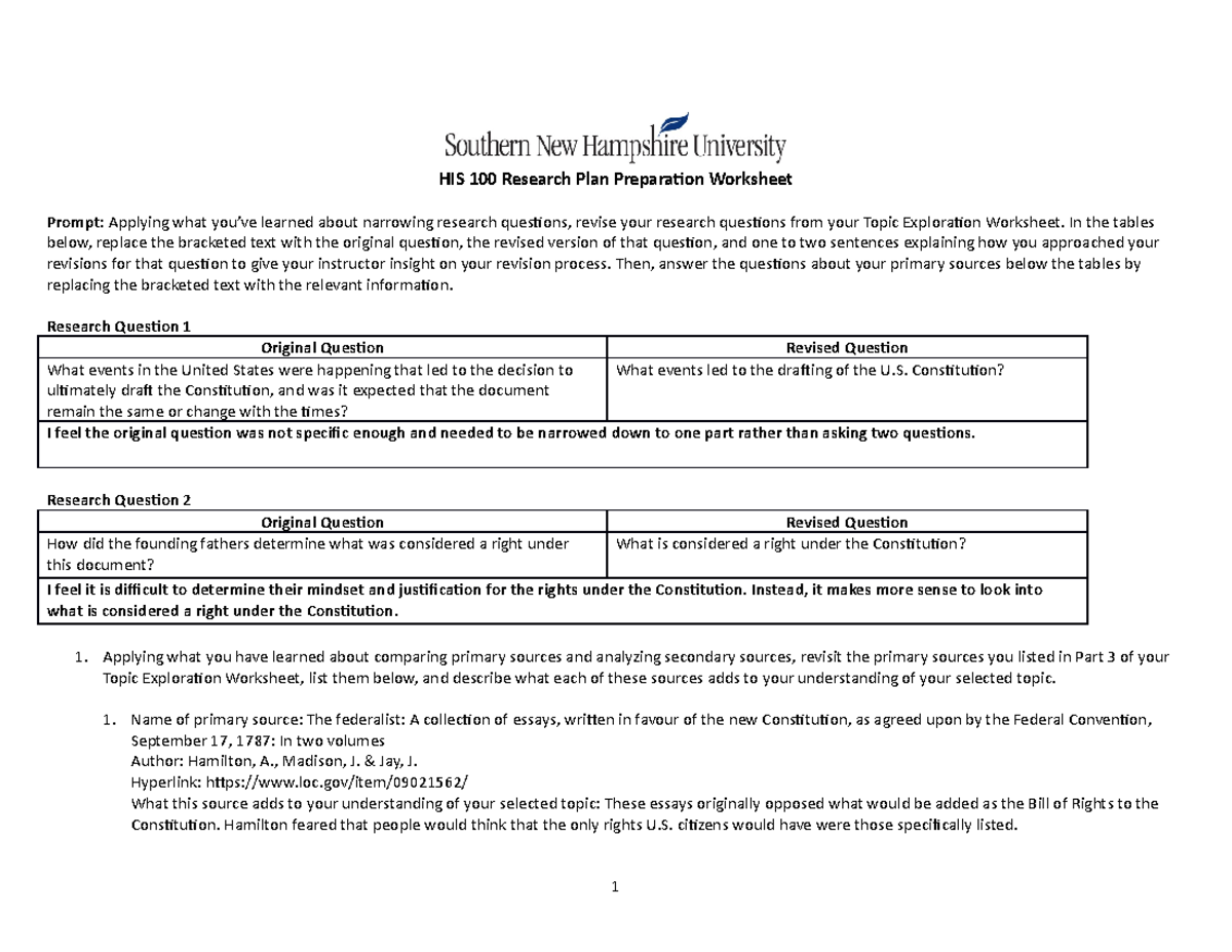 HIS 100 Research Plan Preparation Worksheet - HIS 100 Research Plan ...