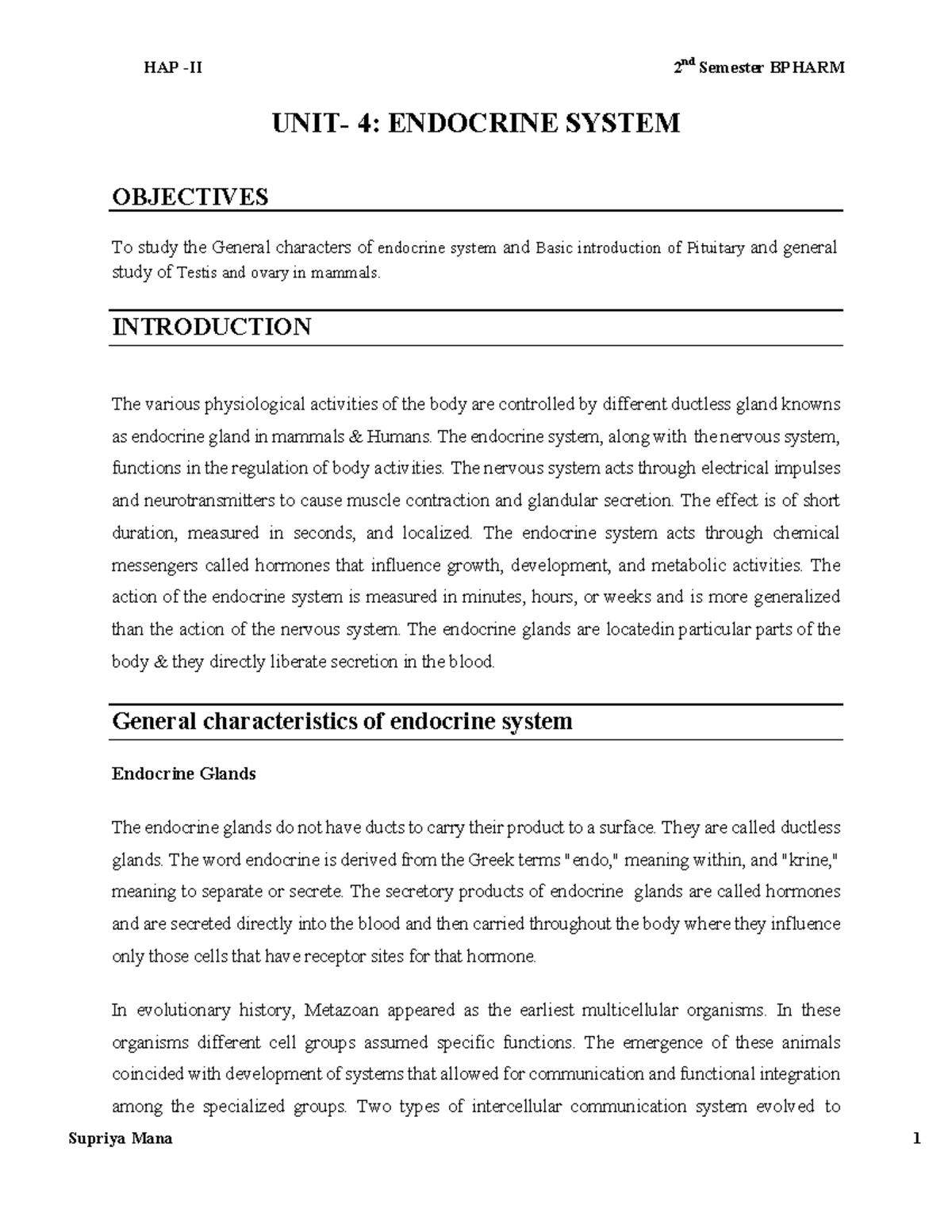 UNIT 4 - Endocrine System - UNIT- 4 : ENDOCRINE SYSTEM OBJECTIVES To ...
