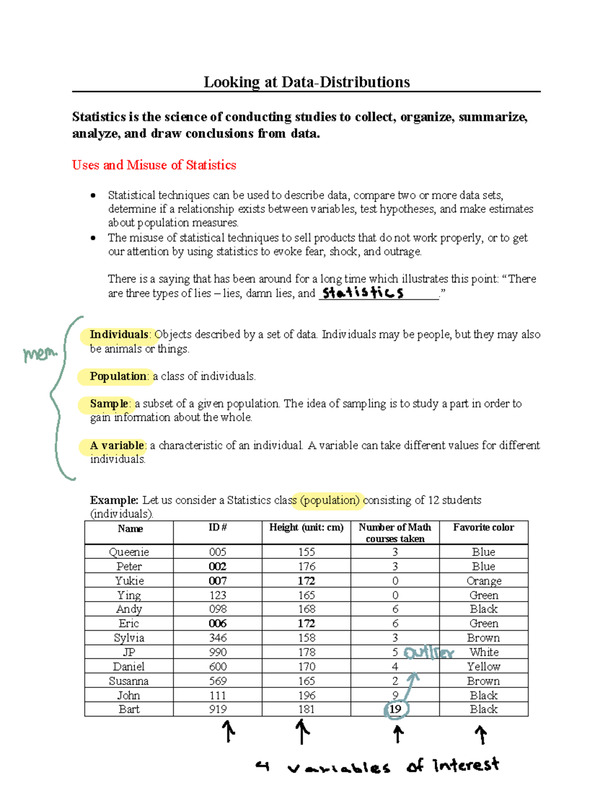 Looking at Data Distributions (filled in notes) - Looking at Data ...
