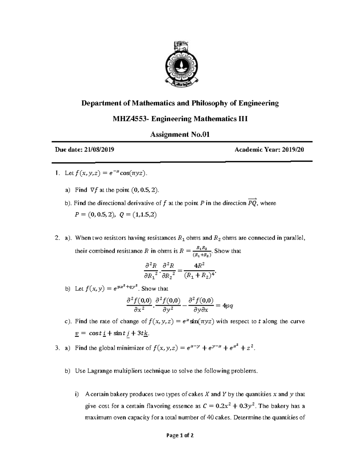 Assignment No. 1 2019-2020 - Page 1 of 2 Department of Mathematics and ...