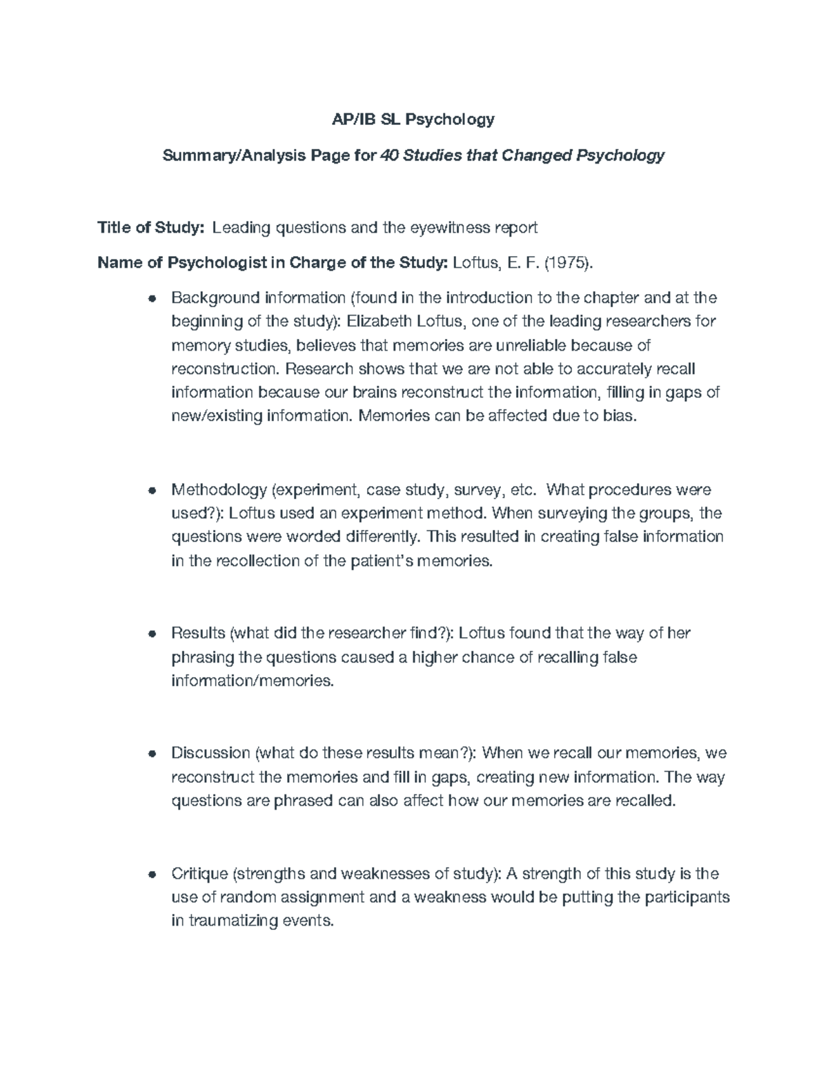 40 Studies - phych - **AP/IB SL Psychology ** Summary/Analysis Page for ...