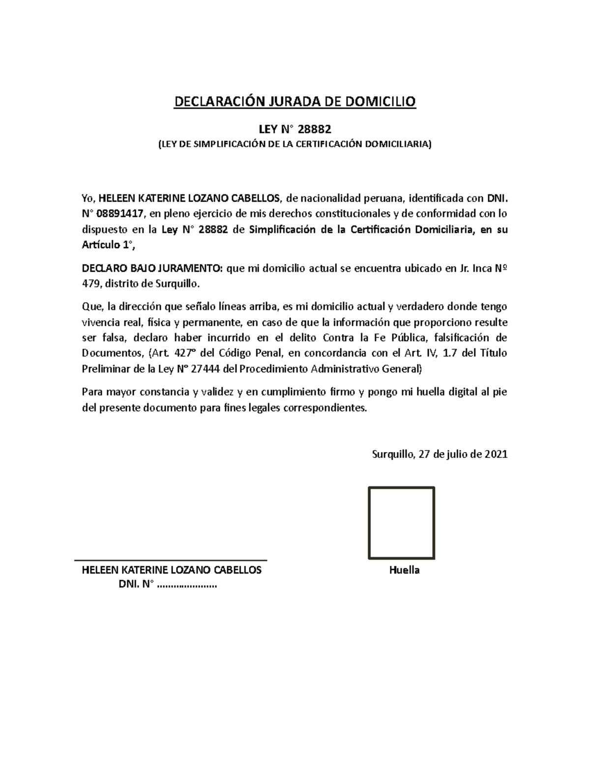 Carta de modelo D-J- Domicilio - DECLARACIÓN JURADA DE DOMICILIO LEY N ...