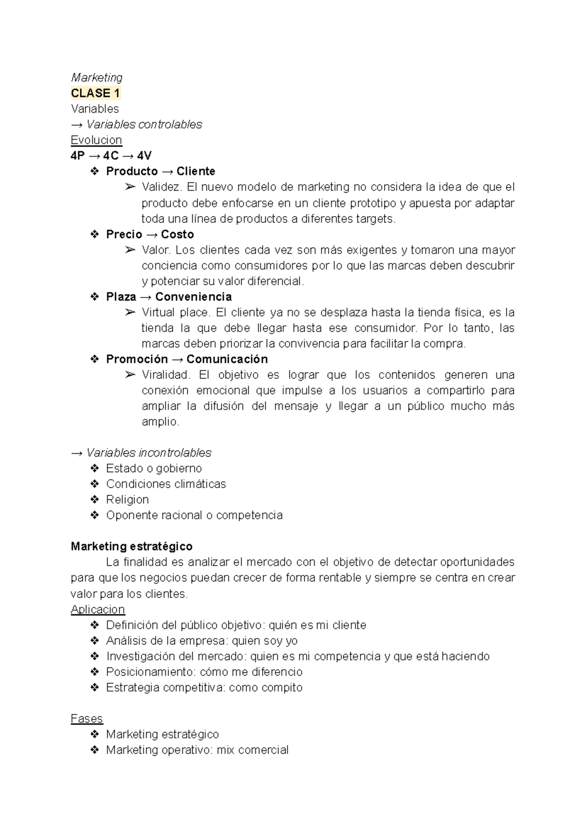 Marketing - Marketing CLASE 1 Variables → Variables controlables ...