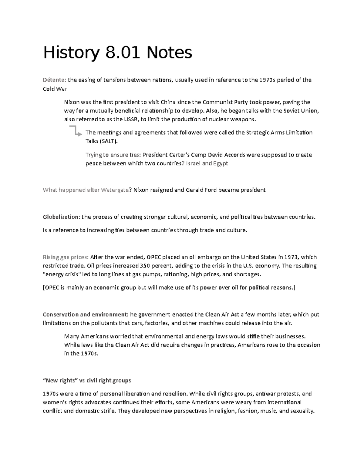 U.S History notes 8.01 - History 8 Notes Détente: the easing of ...