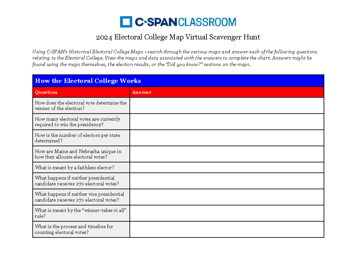 2024 Electoral College Map Virtual Scavenger Hunt - View the maps and ...