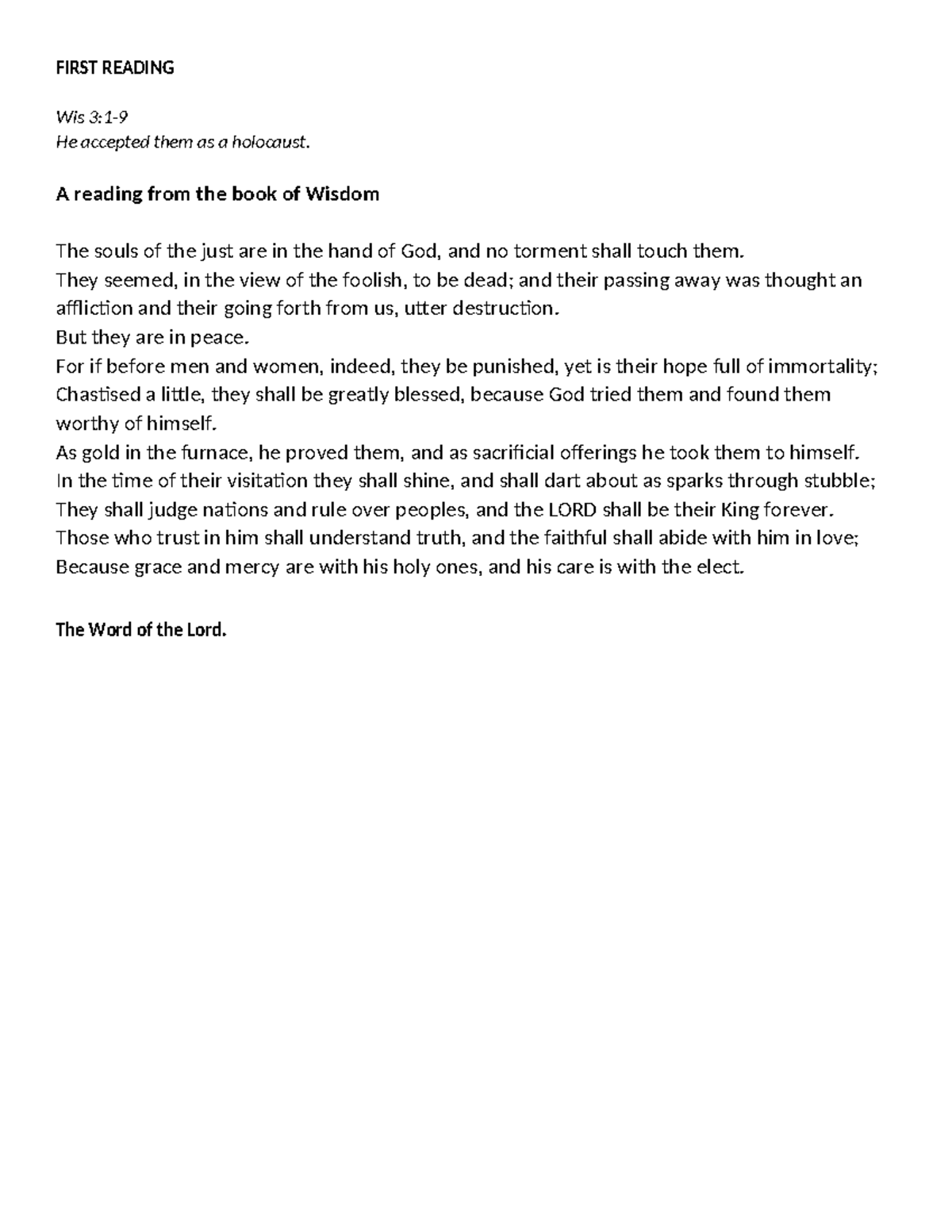 Readings (Mass) - FIRST READING Wis 3:1- He accepted them as a ...