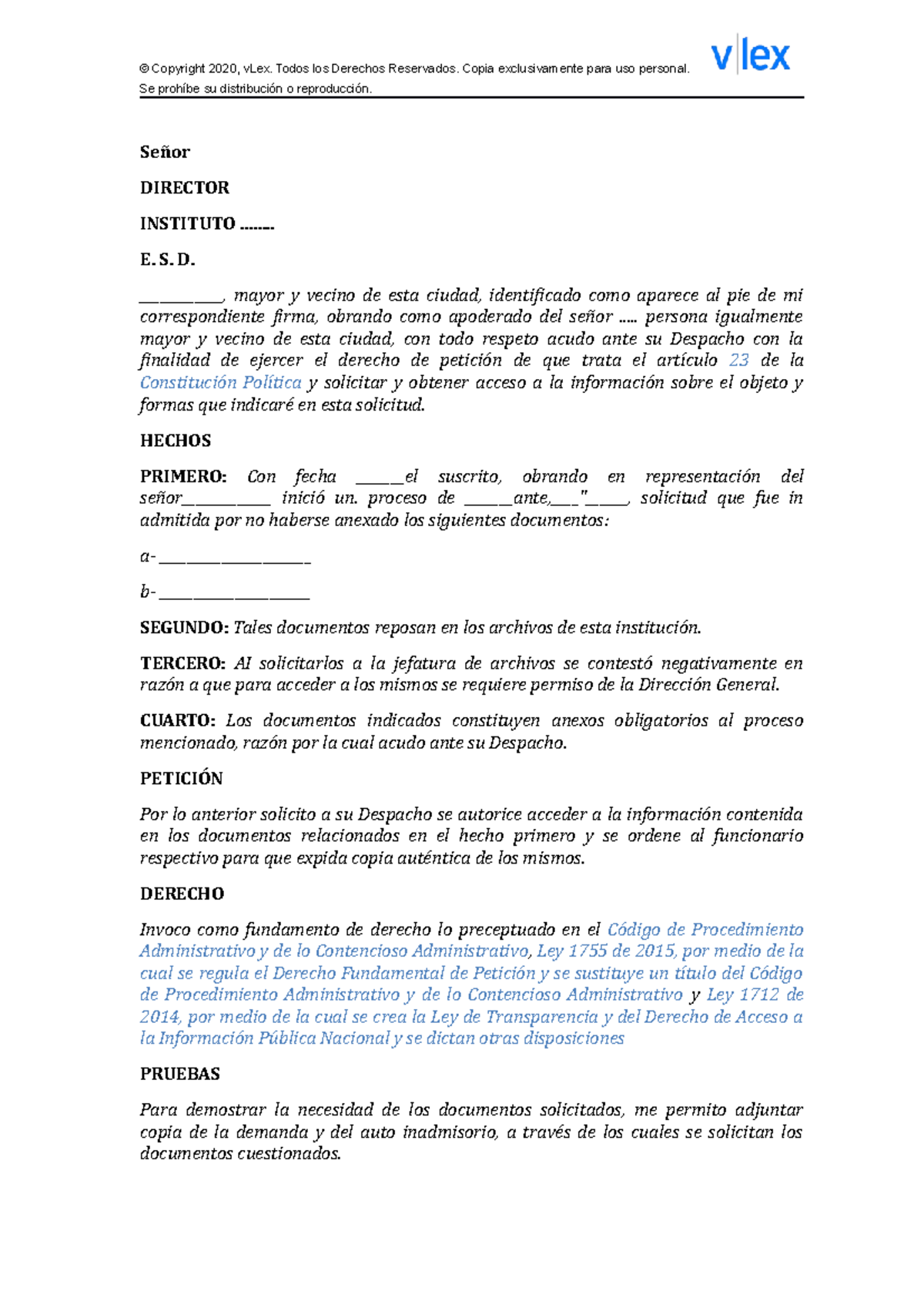 Minuta DE Solicitud DE Información - © Copyright 2020, vLex. Todos los ...