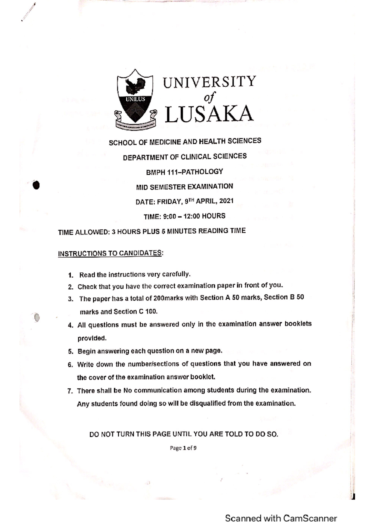 2021 Pathology mid and final - UNIVERSITY UNILUS of LUSAKA SCHOOL OF ...