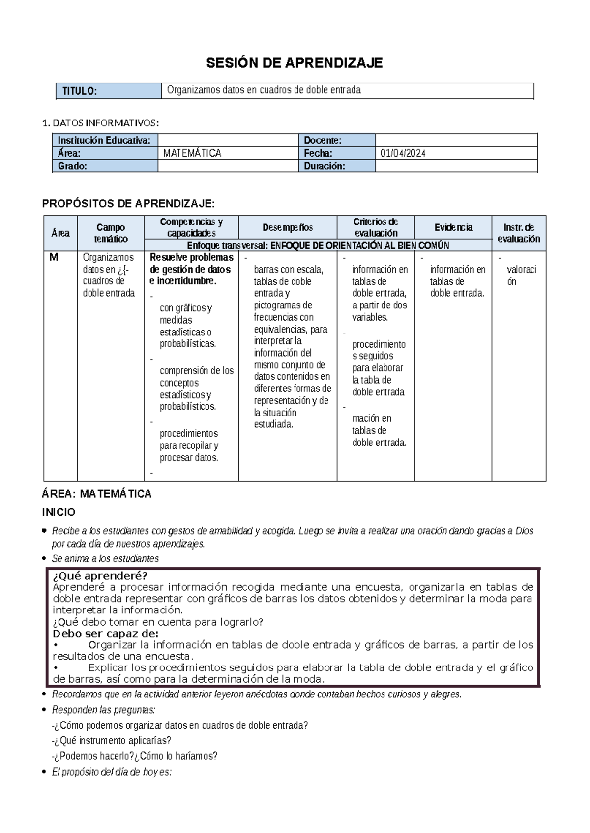 Cuadros DE Doble Entrada - SESIÓN DE APRENDIZAJE TITULO: Organizamos datos en cuadros de doble ...