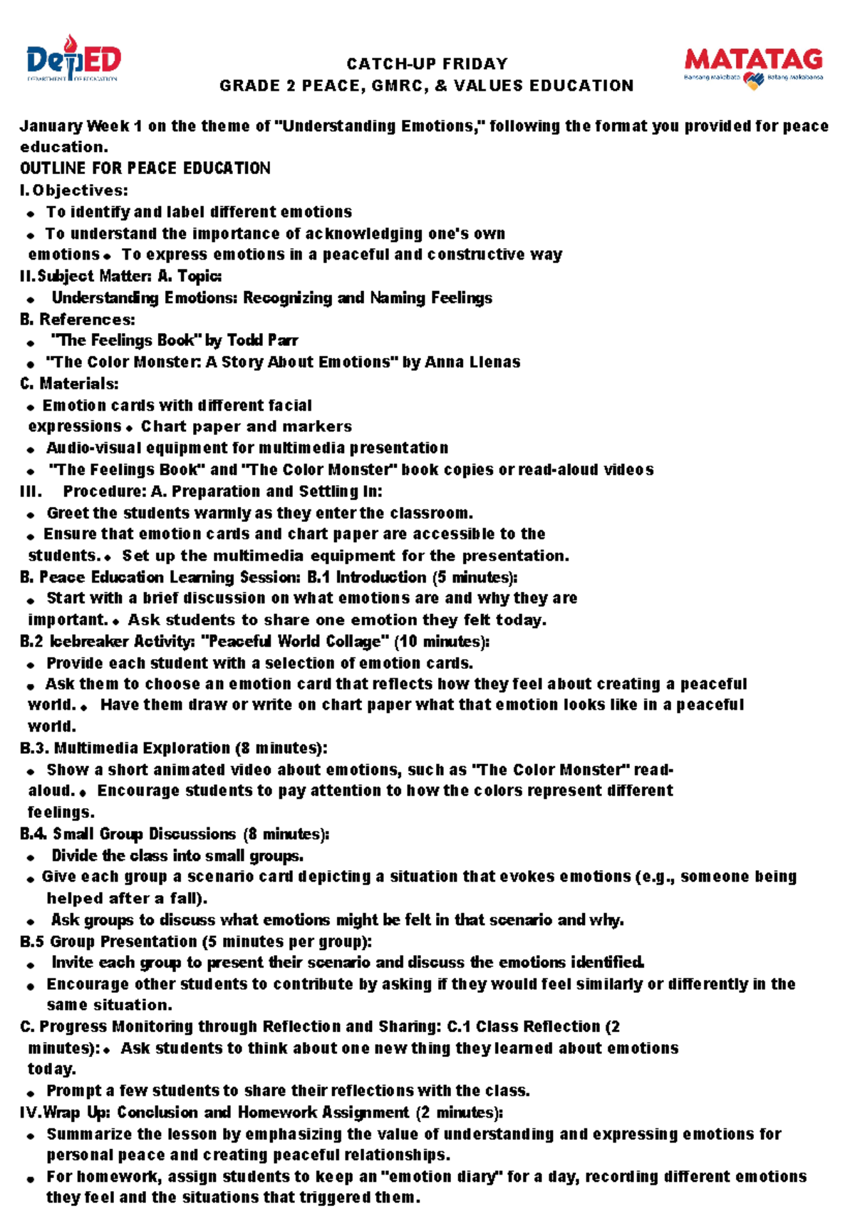 Grade 2 Peace & Values - Catch-up Friday Lesson Plan - GRADE 2 PEACE ...