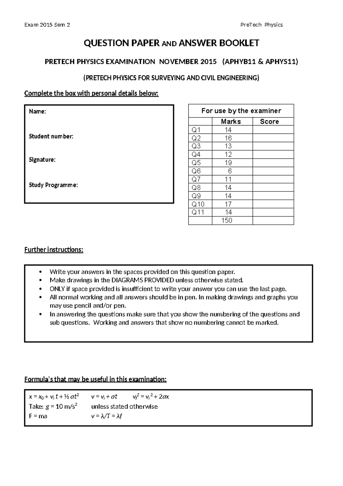 2015 Sem 2 - Examination November Pre Tech - QUESTION PAPER AND ANSWER ...
