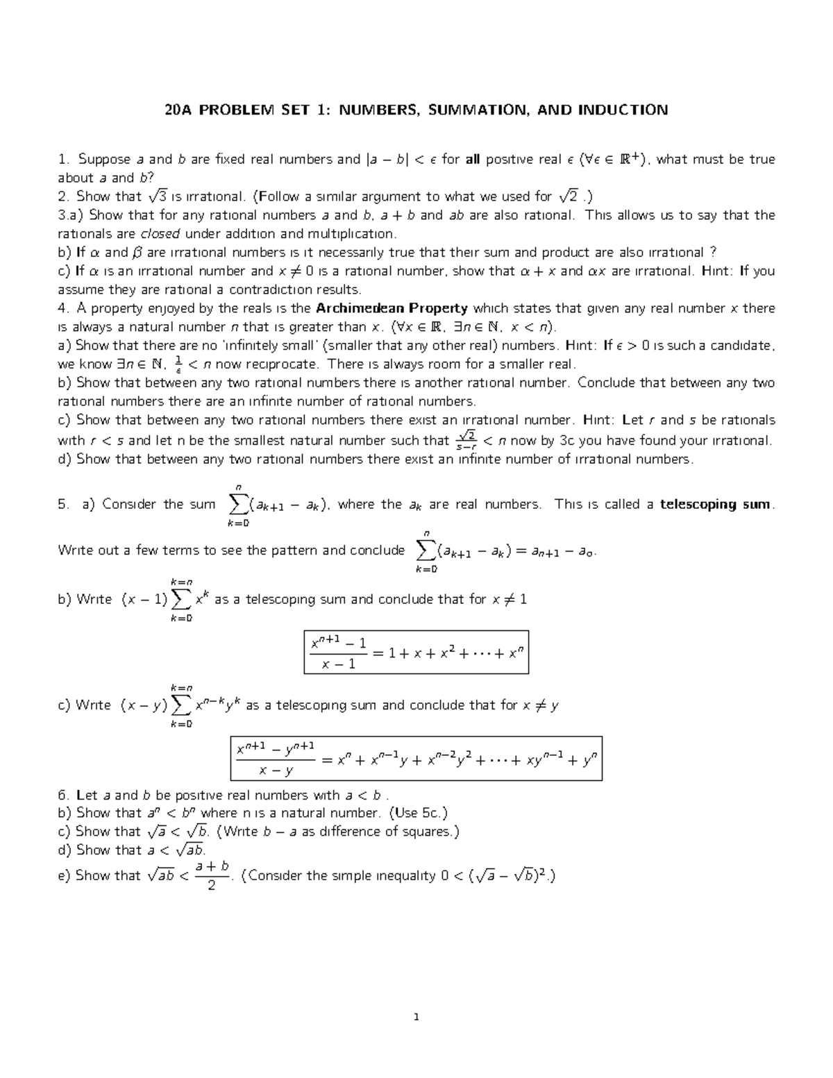 20A Problem Set 1: Numbers, Summation, And Induction - 20A PROBLEM SET ...