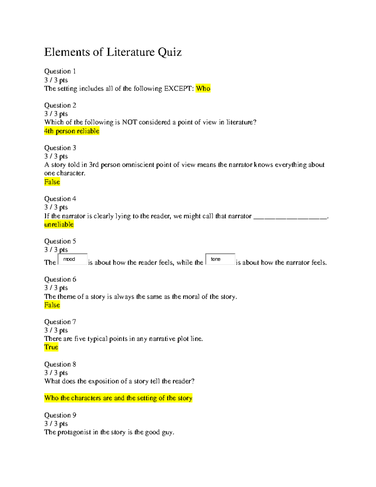 Elements of Literature Quiz - Elements of Literature Quiz Question 1 3 ...