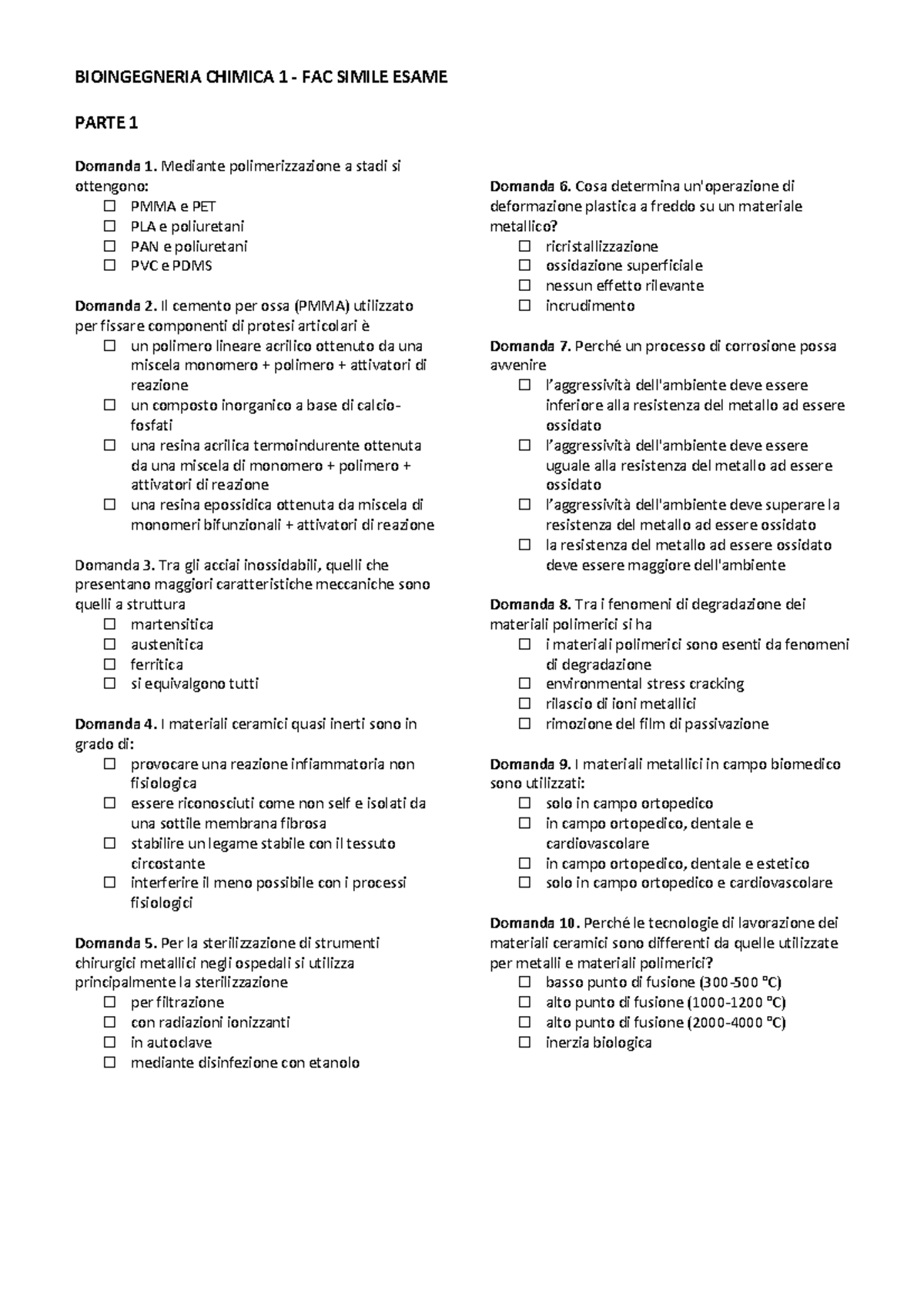 BC1 facsimile esame - Bioingegneria chimica - PoliMi - Studocu