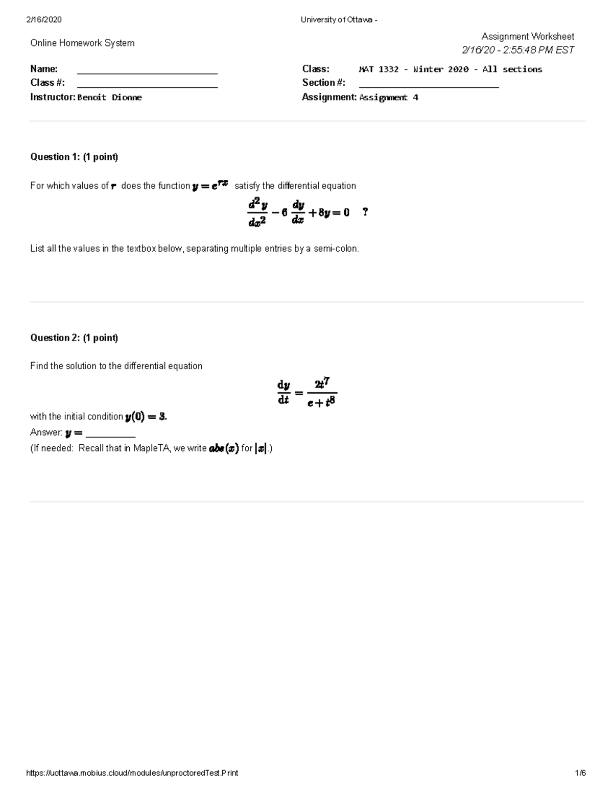 Mobius 4 assignment - Online Homework System 2/16/20 - 2:55:48 PM ...