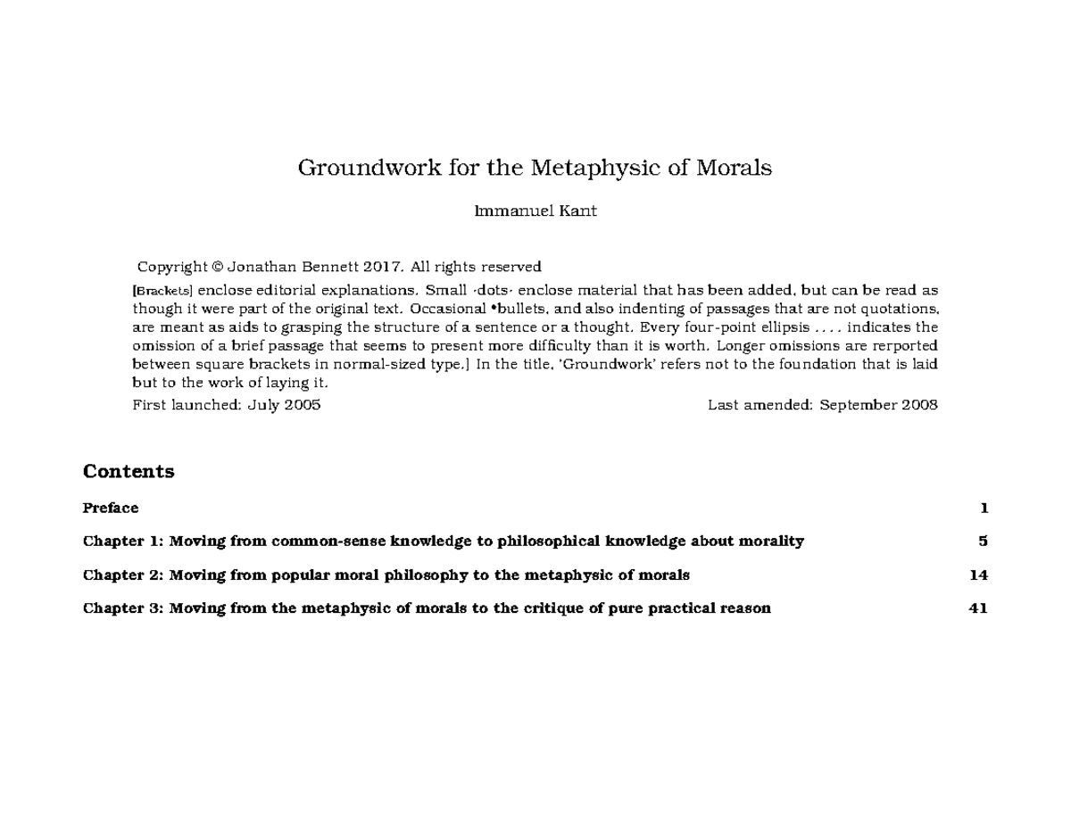 Kant Groundwork of Metaphysics of Morals - Groundwork for the ...