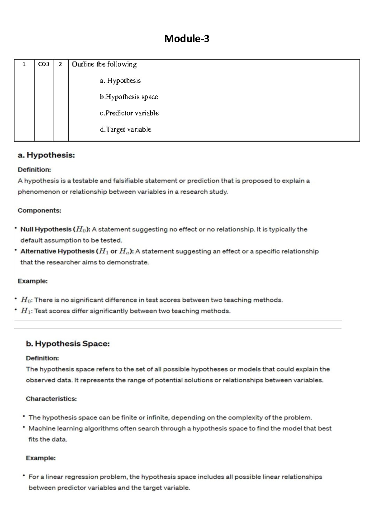 Ai And Ml Module 3 Aiml Notes Module 3 Module 3 1 Co3 2 Outline The Following A Hypothesis