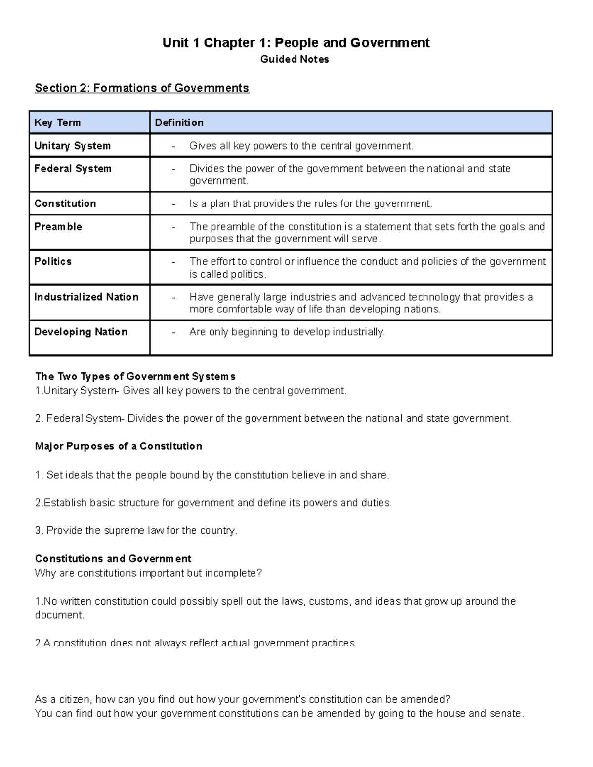 1.1.2 Formations of Governments Guided Notes - Unit 1 Chapter 1: People ...