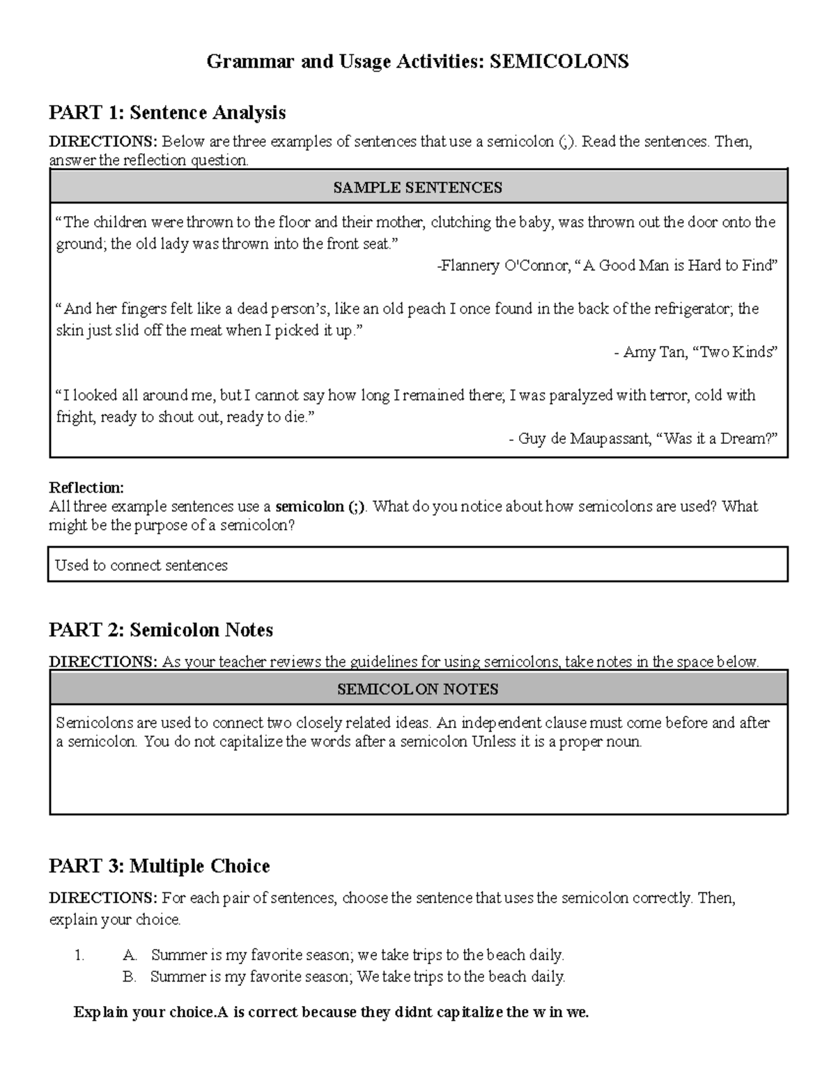- Grammar and Usage Activities Semicolons - Grammar and Usage ...