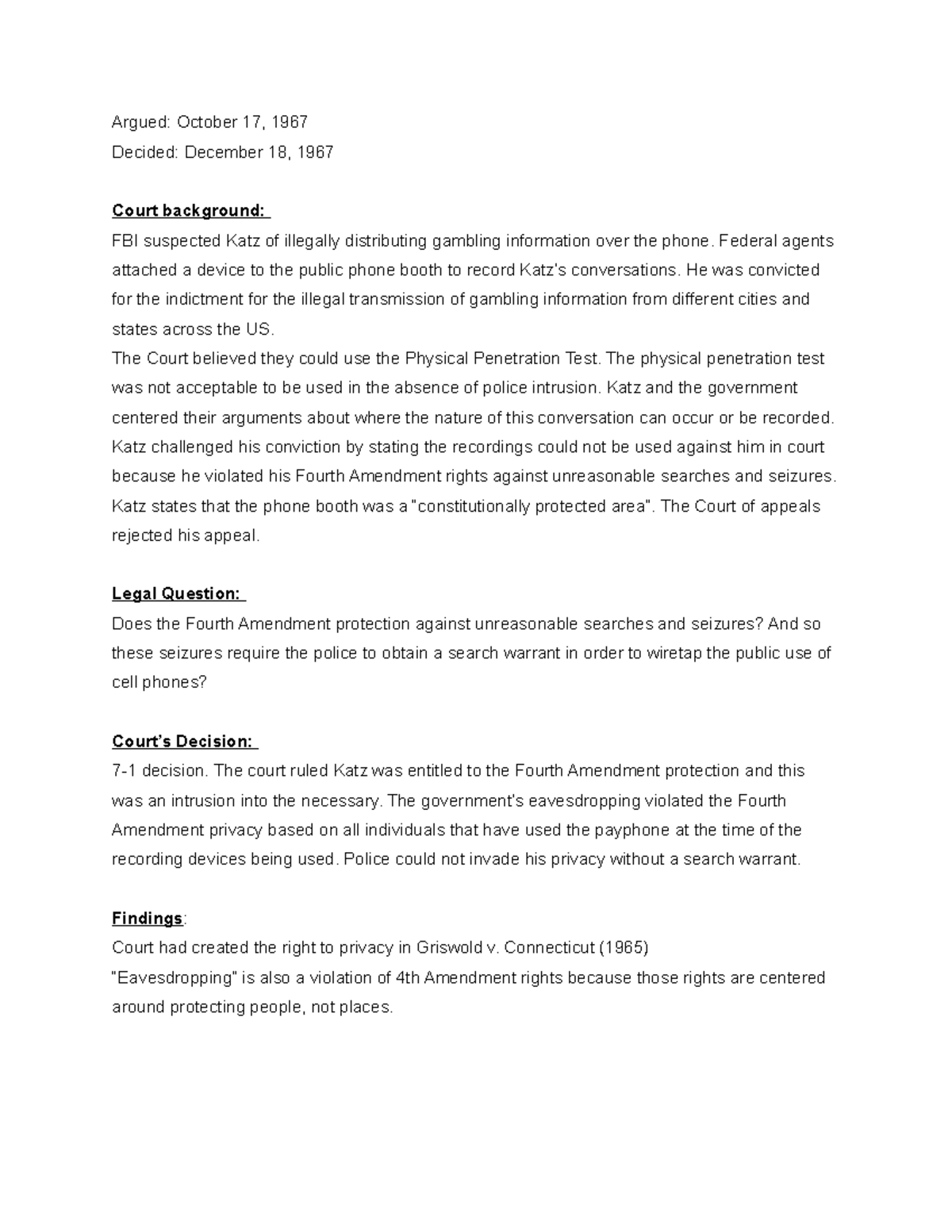 Katz v. US - Case Brief - Argued: October 17, 1967 Decided: December 18 ...