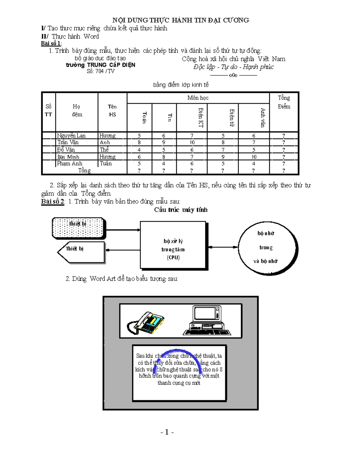 Bai TH THDC-1 - SLIDE - NàI DUNG THĀC HÀNH TIN Đ¾I C£¡NG I/ T¿o th¤c māc riêng chứa kết quÁ thực ...