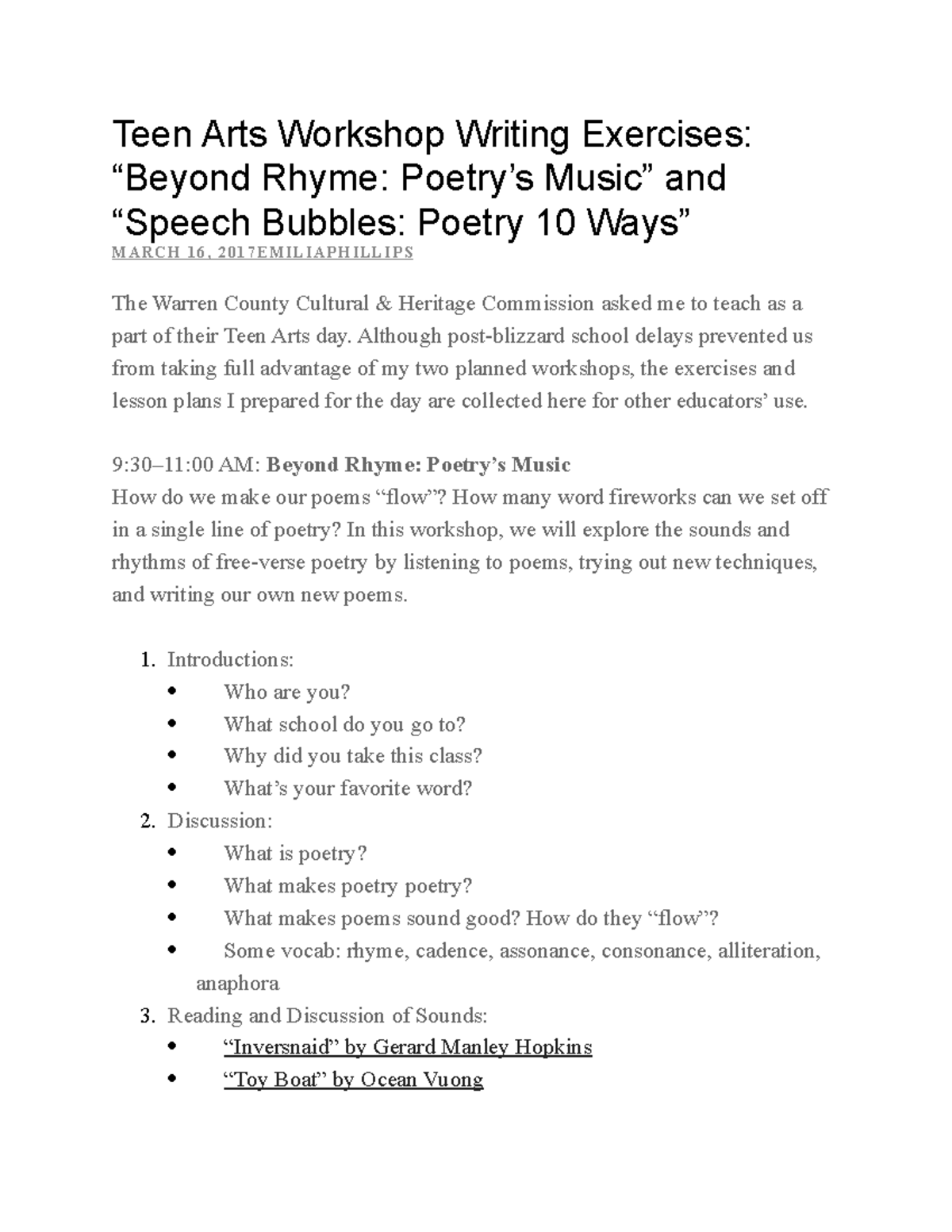 Writing poetry workshop - Teen Arts Workshop Writing Exercises: “Beyond ...