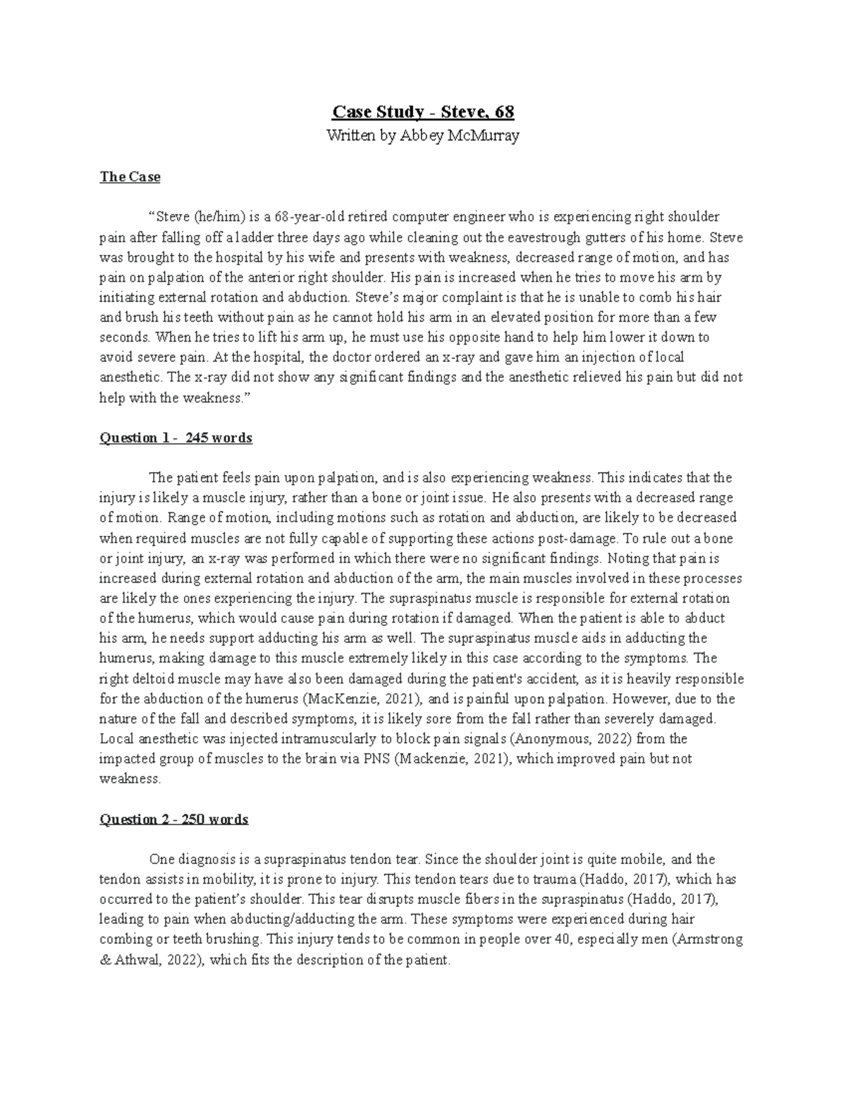 ANAT 100 Case Study Assignment - Case Study - Steve, 68 Written by ...