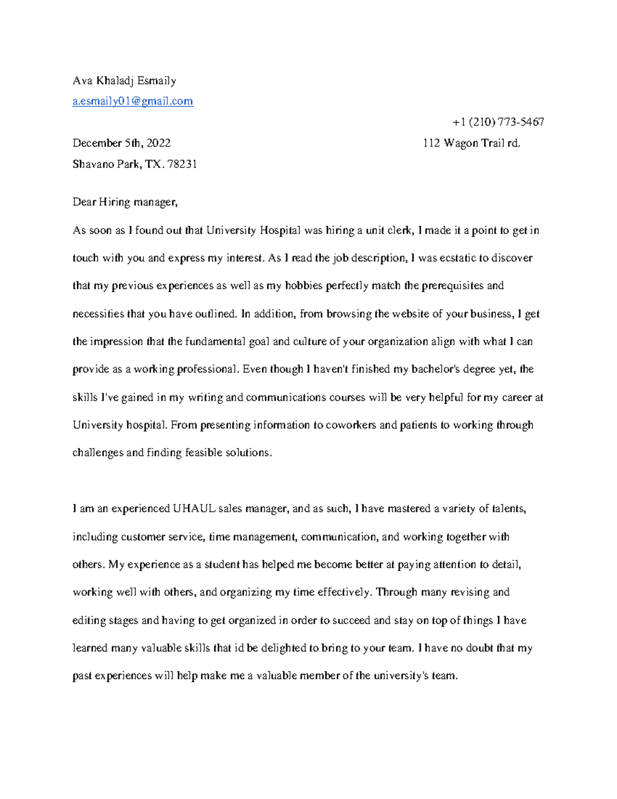 Cover letter- HCA copy - Ava Khaladj Esmaily a@gmail +1 (210) 773- 5467 ...