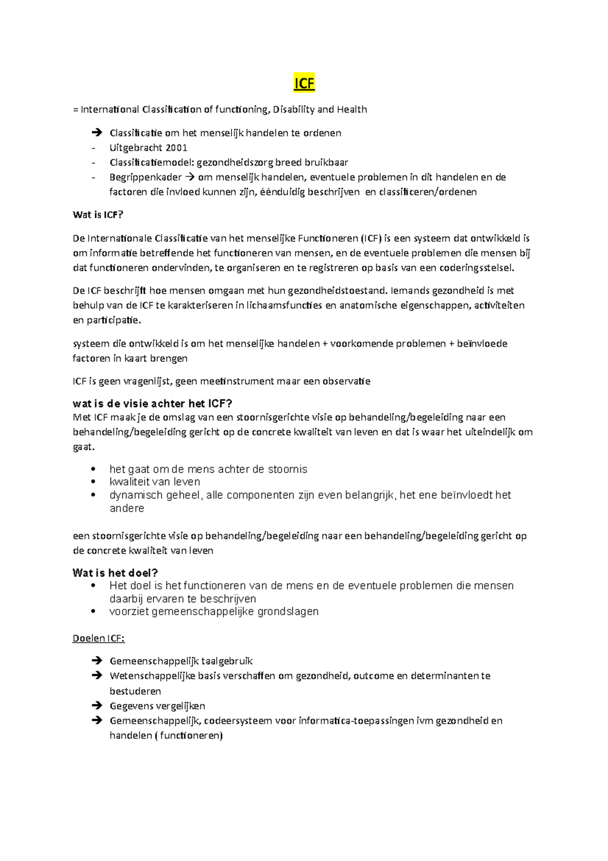 ICF samenvatting - ICF = International Classification of functioning ...