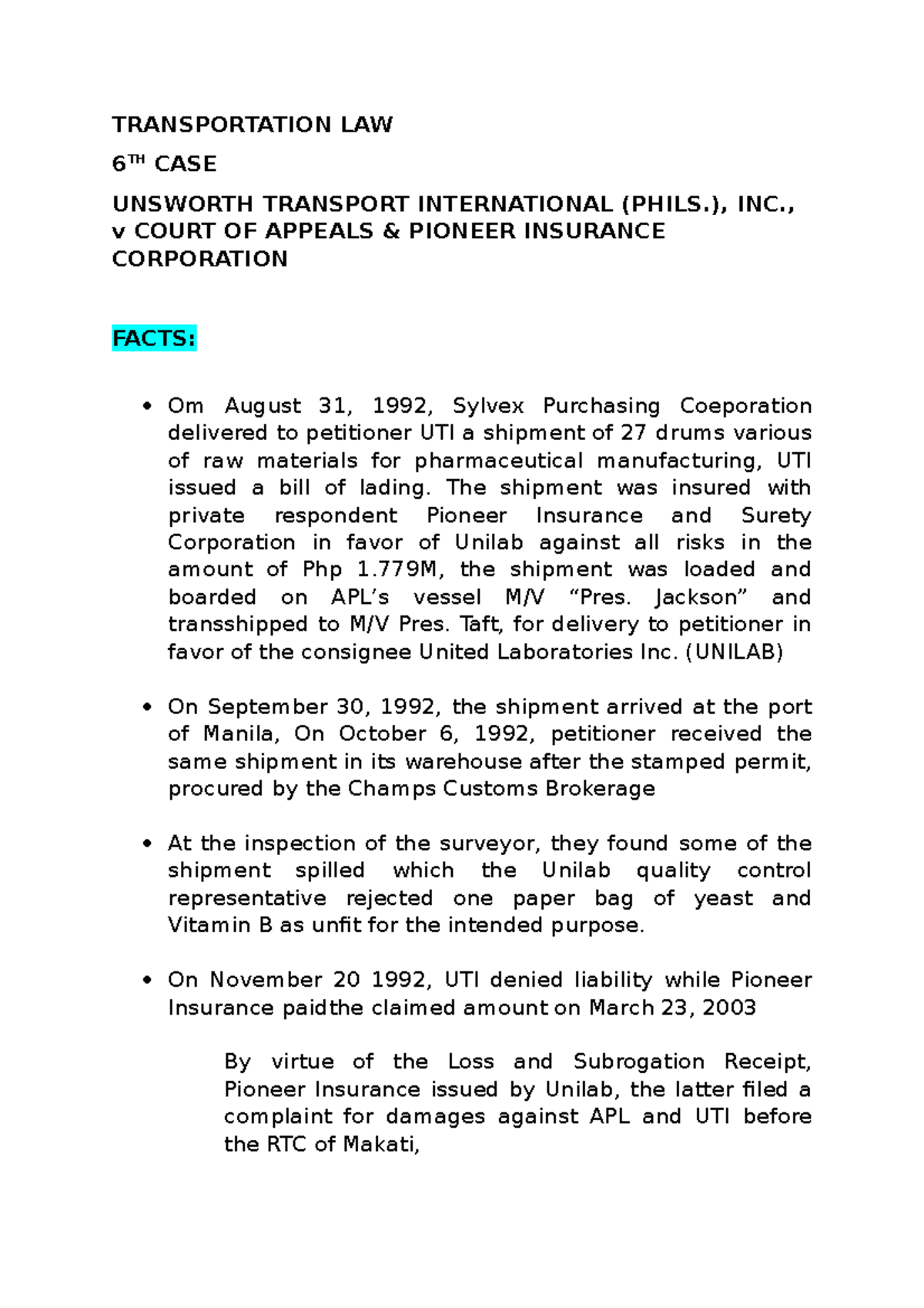 6.) UTI v CA - Case Digest - TRANSPORTATION LAW 6 TH CASE UNSWORTH ...