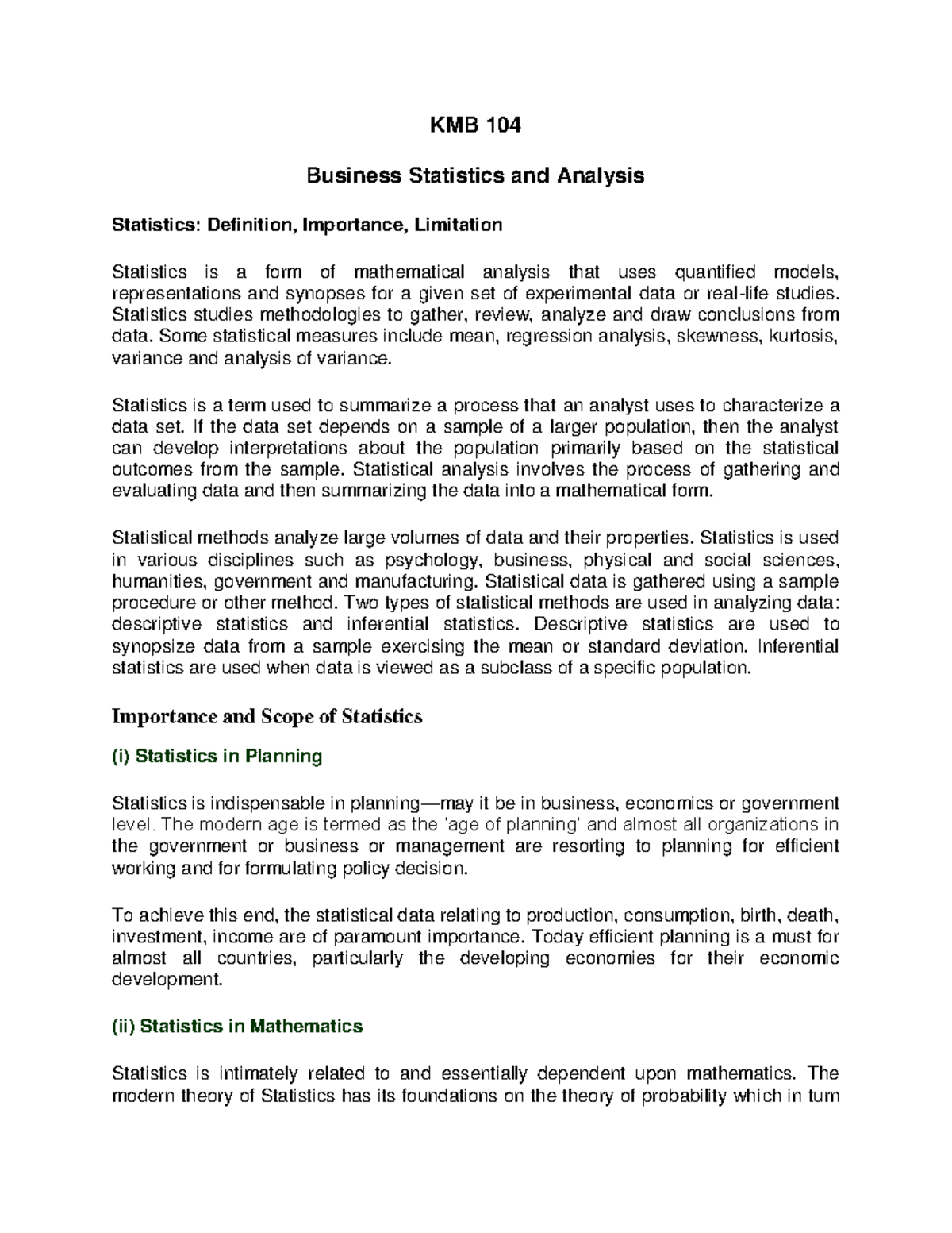 Unit 1 complete - unit 1 notes - KMB 104 Business Statistics and ...