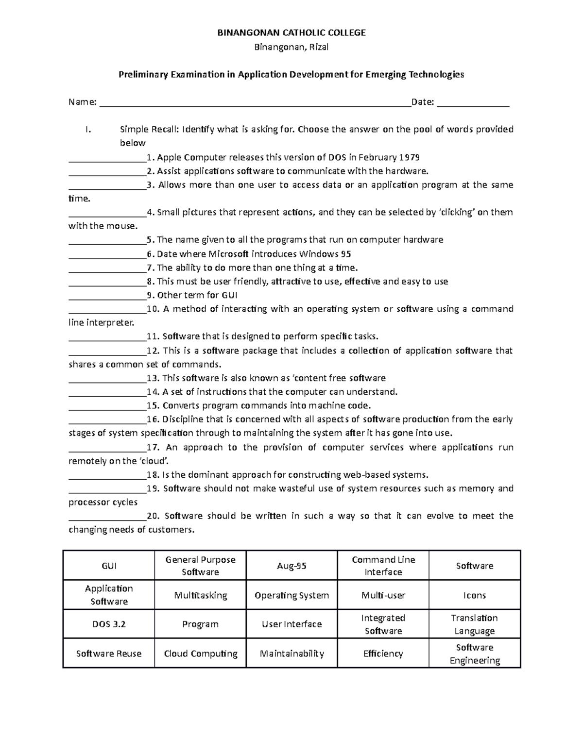 Prelim Exam in App Dev - BINANGONAN CATHOLIC COLLEGE Binangonan, Rizal ...