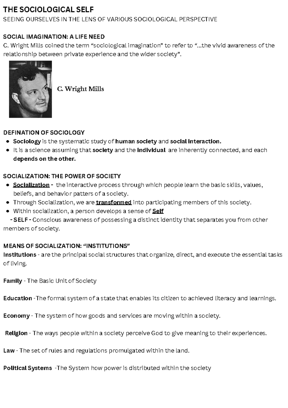 Sociological SELF - socio economic - THE SOCIOLOGICAL SELF SEEING ...