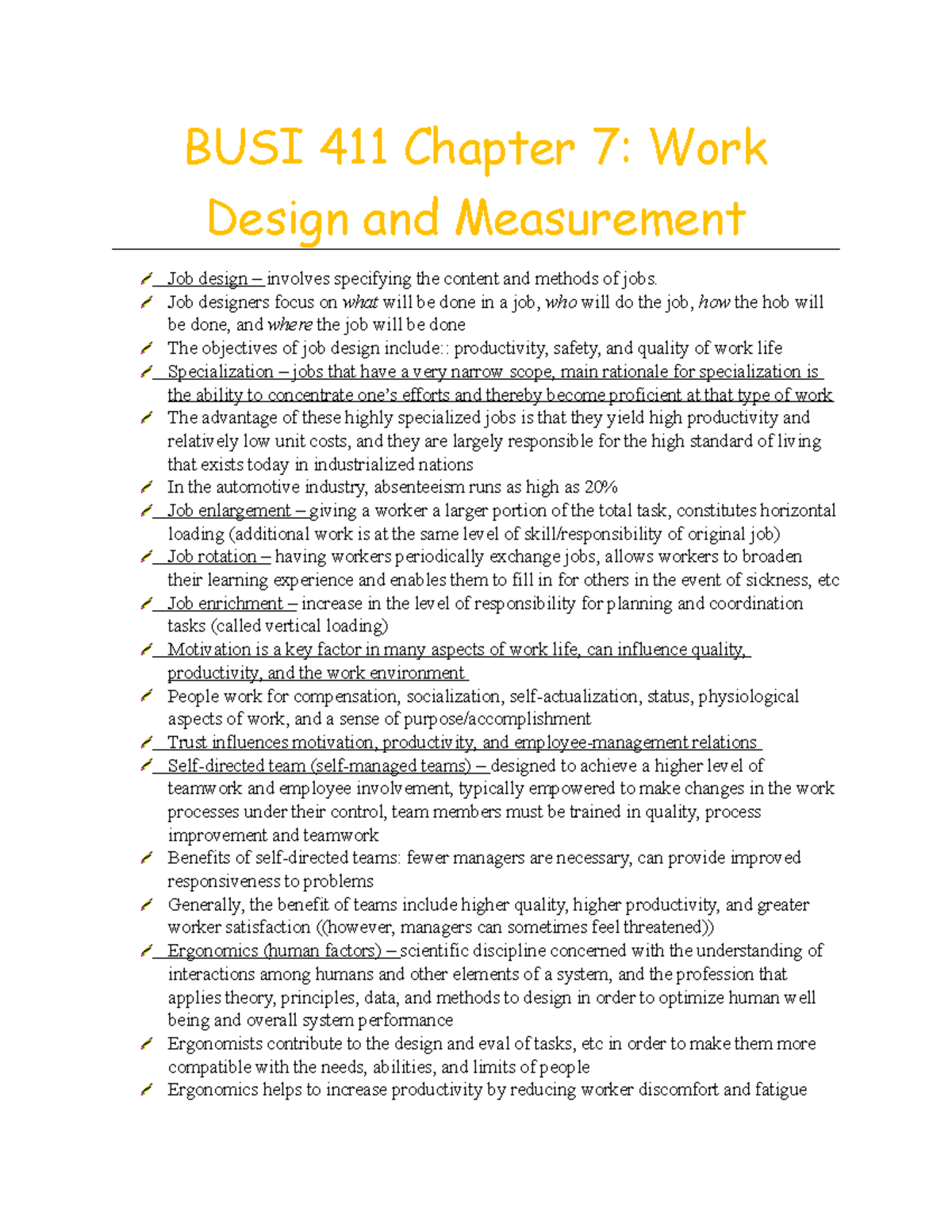 Chapter 7 work design and measurement - BUSI 411 Chapter 7: Work Design ...