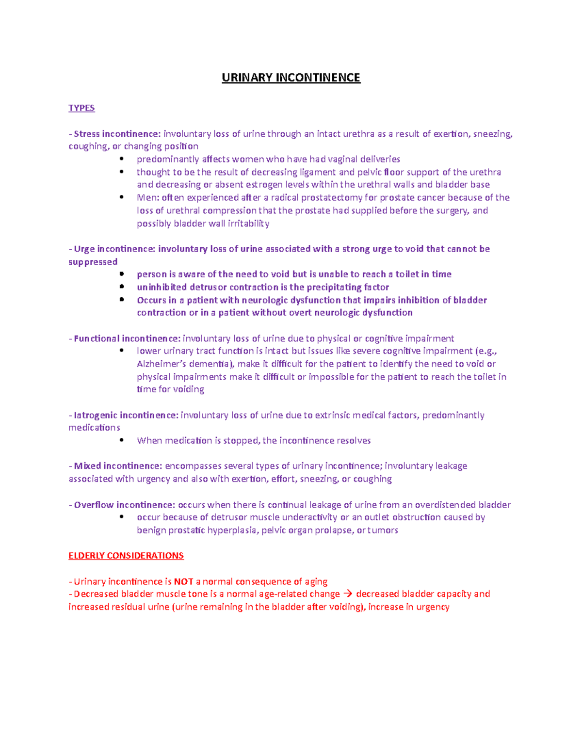 Urinary Incontinence concept maps - URINARY INCONTINENCE TYPES Stress ...