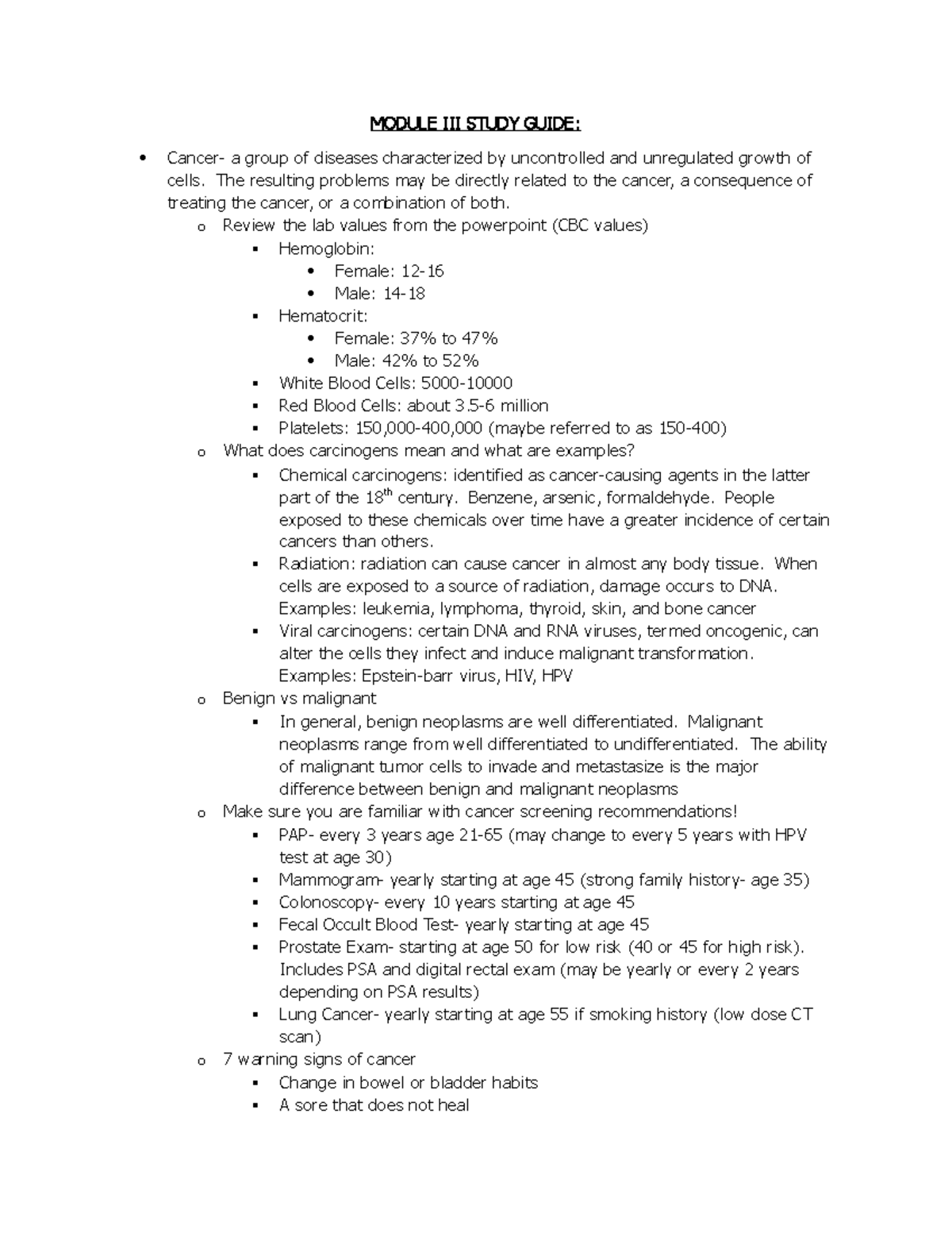 Module III study guide - MODULE III STUDY GUIDE: Cancer- a group of ...