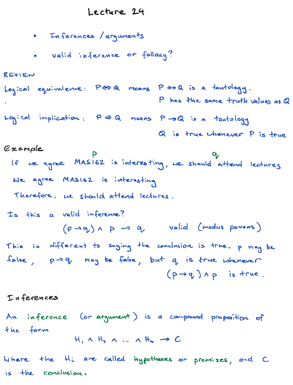 Lecture 24 full notes - Lecture 24 Inferences arguments valid inference ...