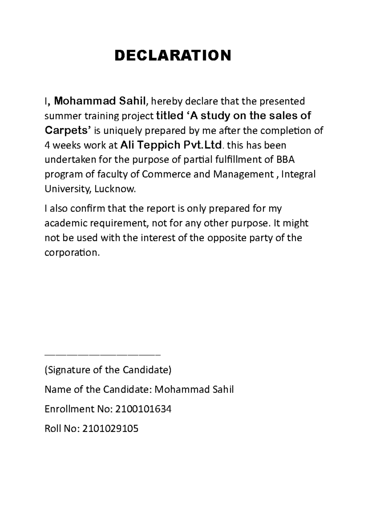 Declaration 3p - jhbvvvvvvvvvvvvvvvvvvv - DECLARATION I, Mohammad Sahil ...