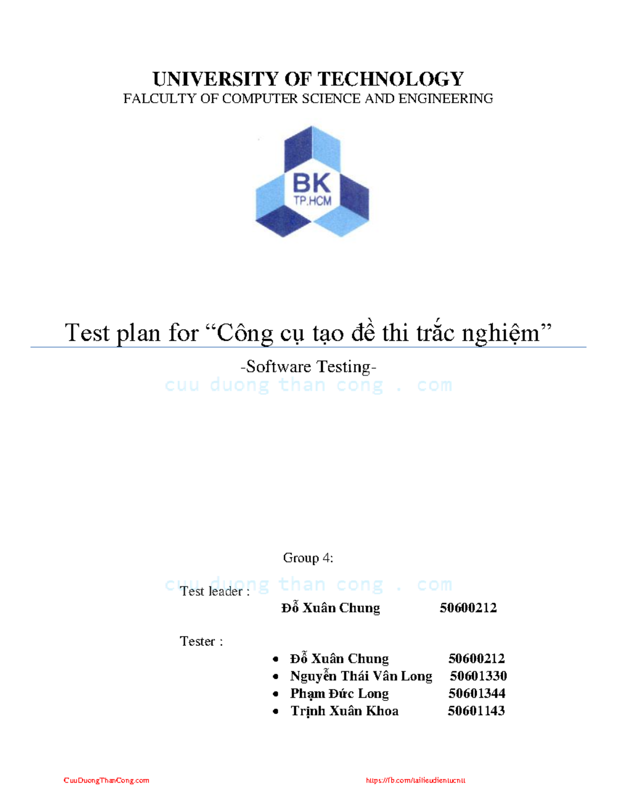 Test Plan Example - Lâu thiệt sự - UNIVERSITY OF TECHNOLOGY FALCULTY OF ...