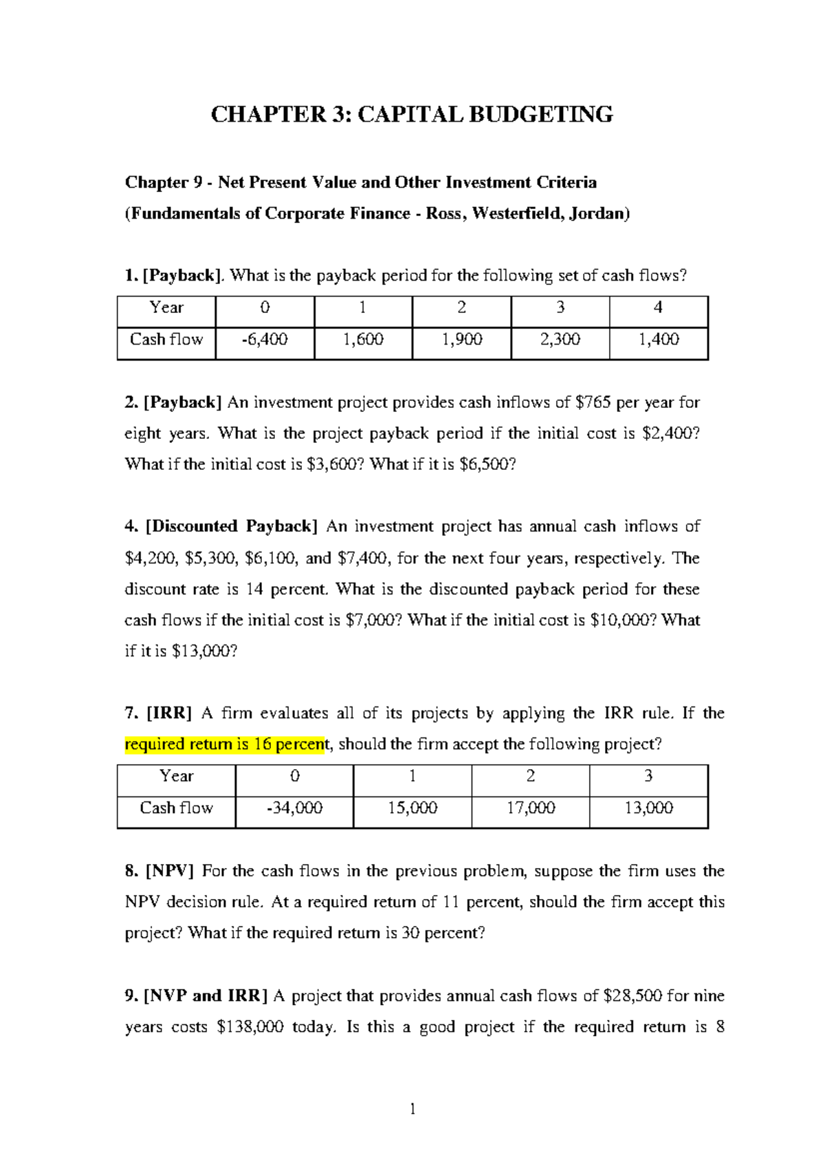 Exercise Chapter 3 - 1 CHAPTER 3: CAPITAL BUDGETING Chapter 9 - Net Present Value and Other ...