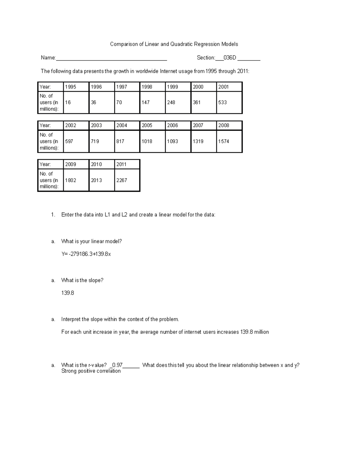 Discussion worksheet 1 - Comparison of Linear and Quadratic Regression ...