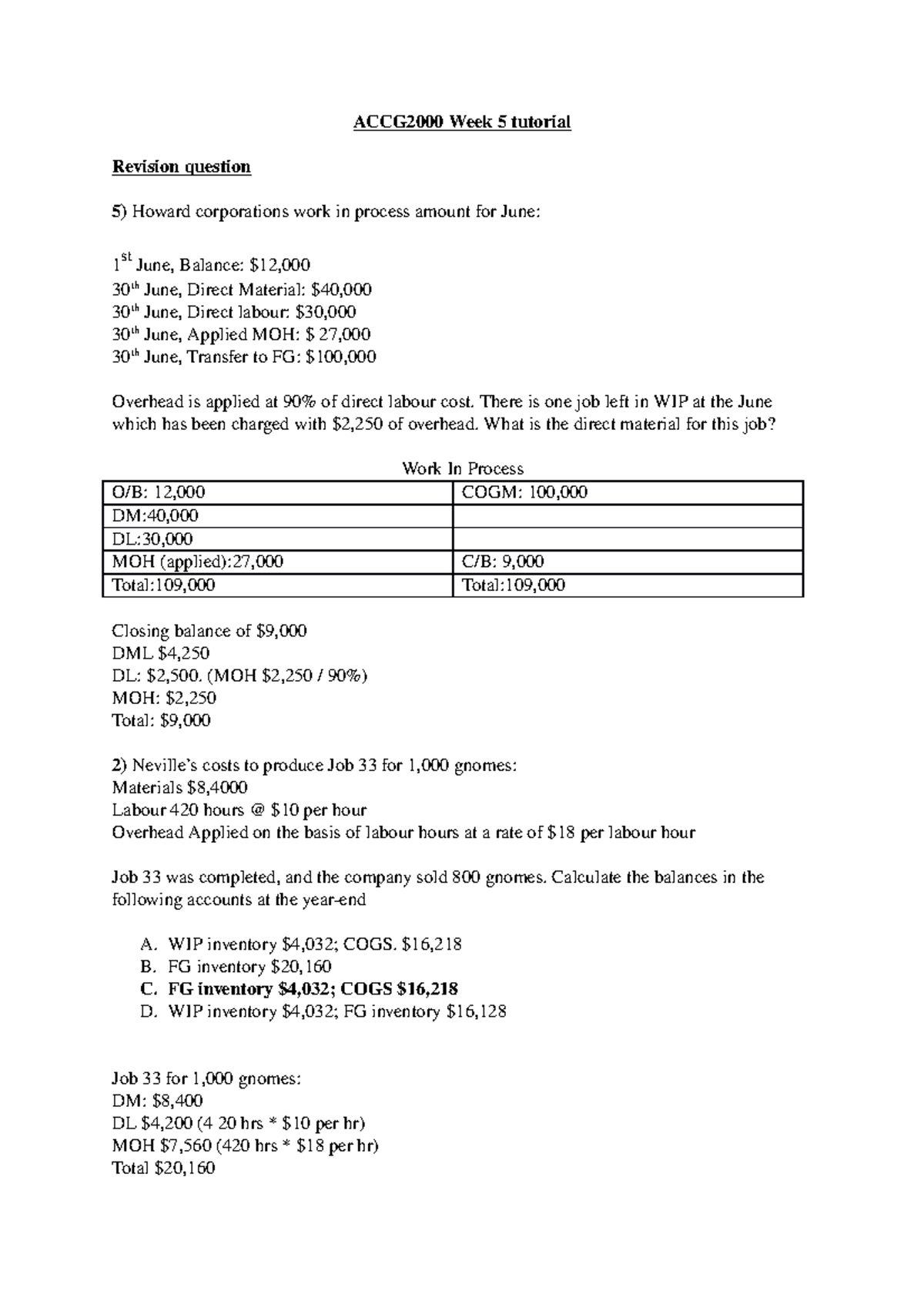 ACCG200 0 Week 5 tutorial - ACCG2000 Week 5 tutorial Revision question Howard corporations work ...