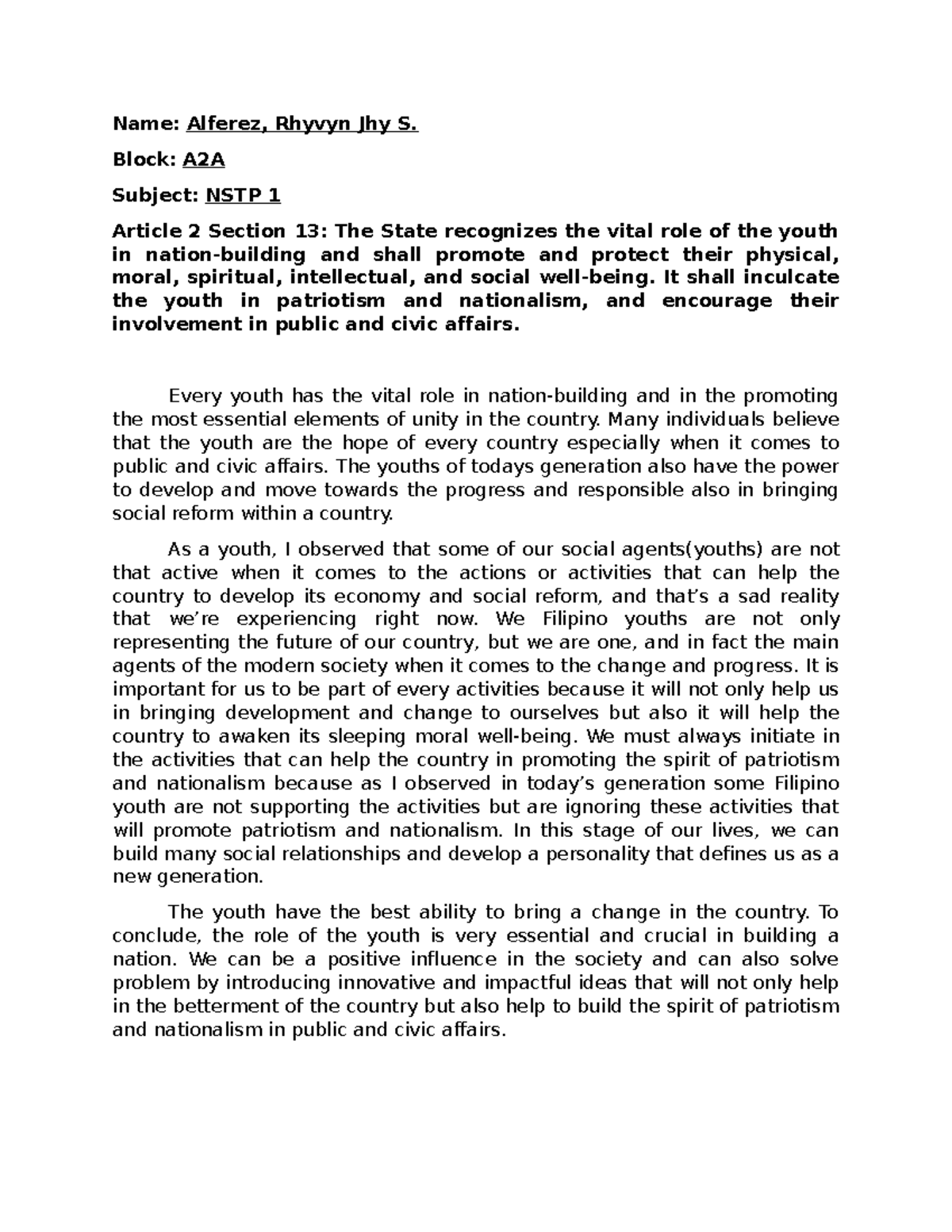 NSTP-1-Reflection - Reflection Paper NSTP 1 - Name: Alferez, Rhyvyn Jhy ...