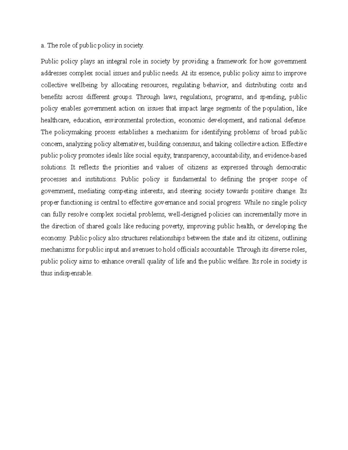 Public policy - a. The role of public policy in society. Public policy ...