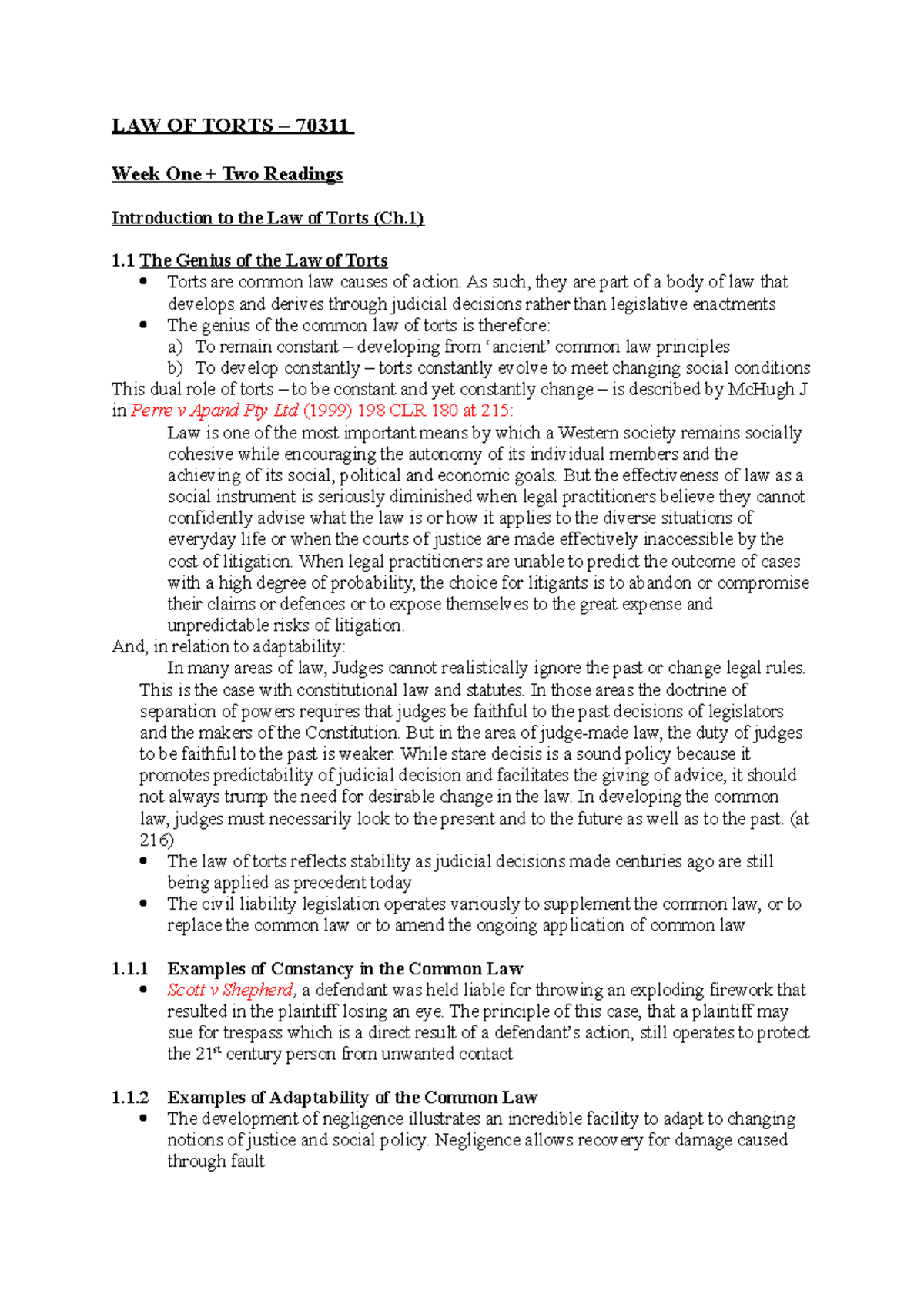 Torts Readings + Powerpoint Notes - LAW OF TORTS – 70311 Week One + Two ...