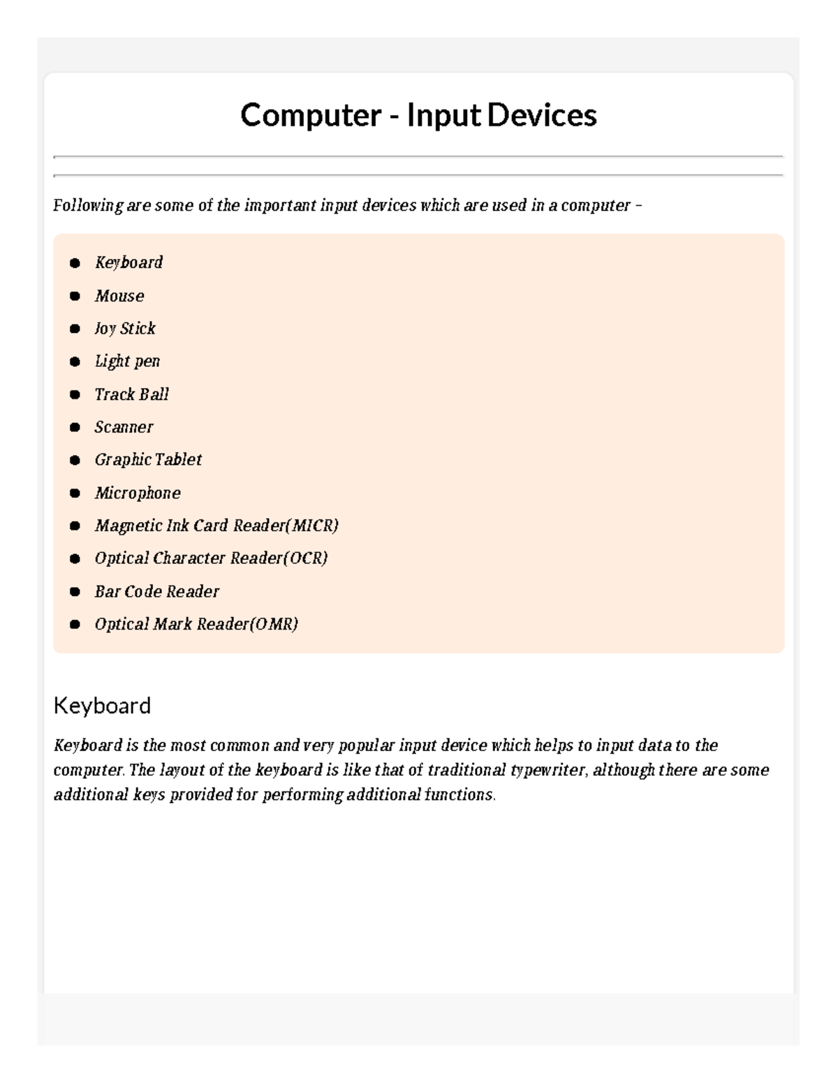 Computer - Input Devices - Computer - Input Devices Following are some ...