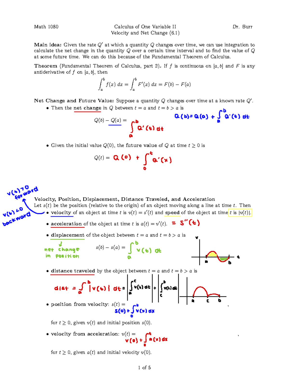 6.1 Notes - Math 1080 Calculus of One Variable II Dr. Burr Velocity and ...
