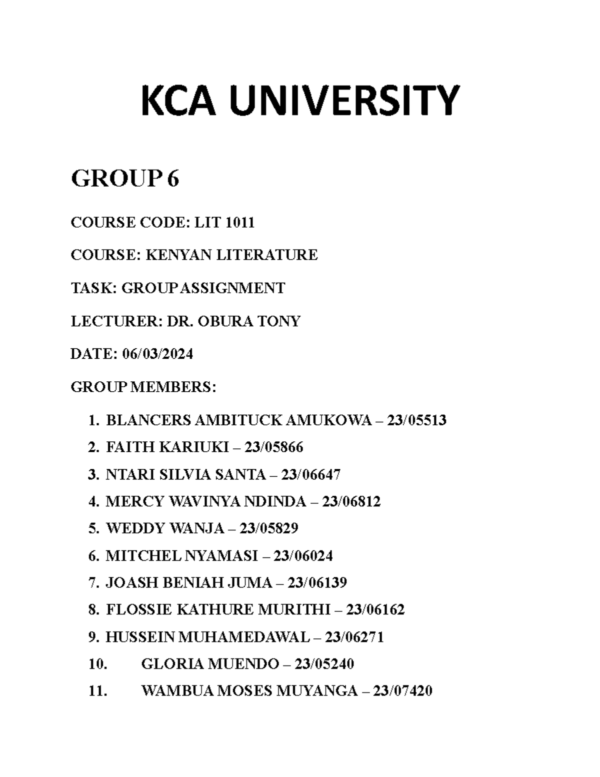 Kenyan LIT - KCA UNIVERSITY GROUP 6 COURSE CODE: LIT 1011 COURSE ...